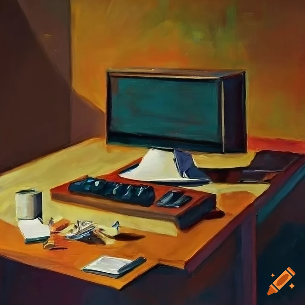 Painting of an open office space with desks and computers