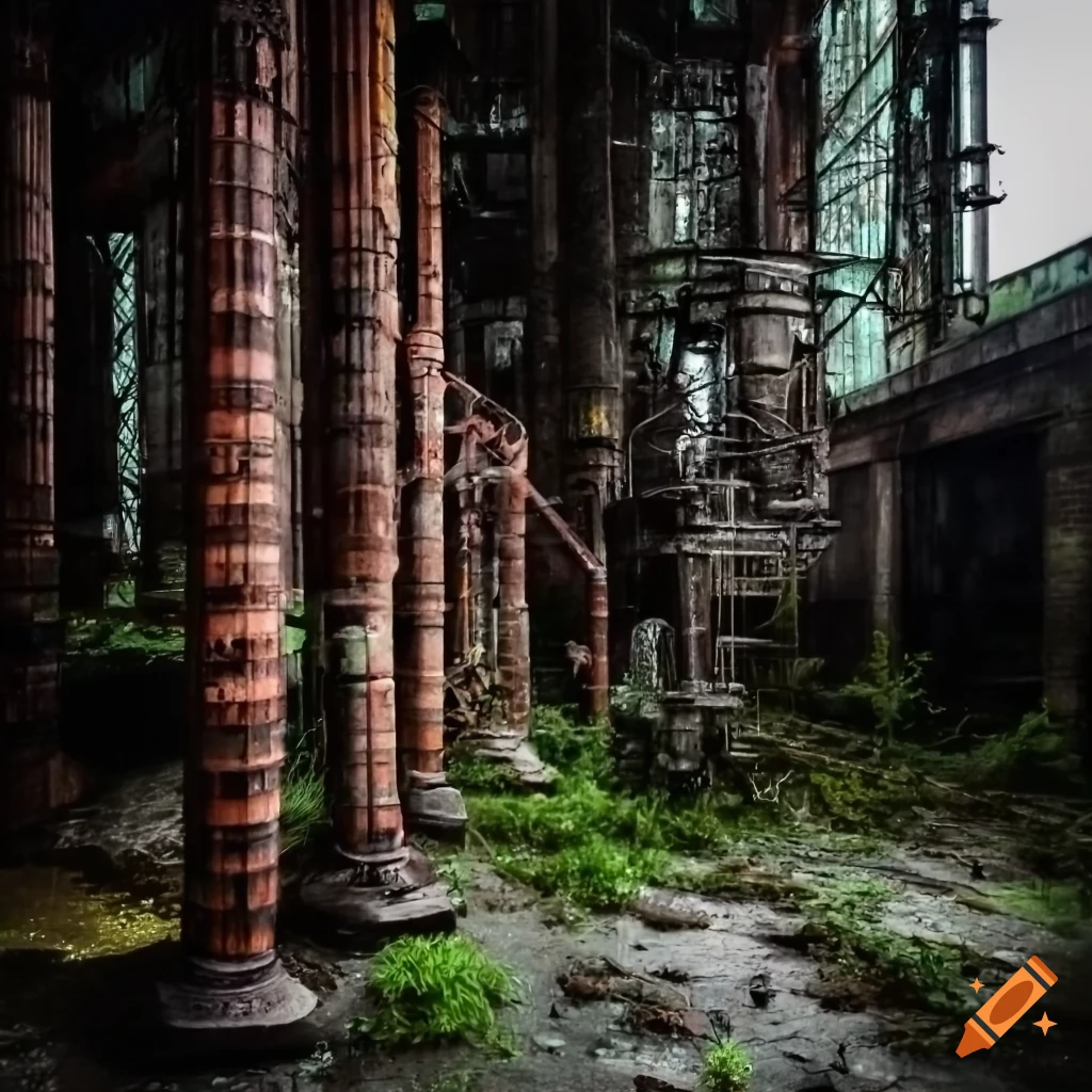 Image of an abandoned factory covered in nature on Craiyon