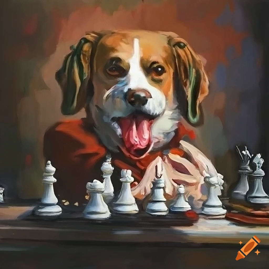 Oil painting of a dog playing chess