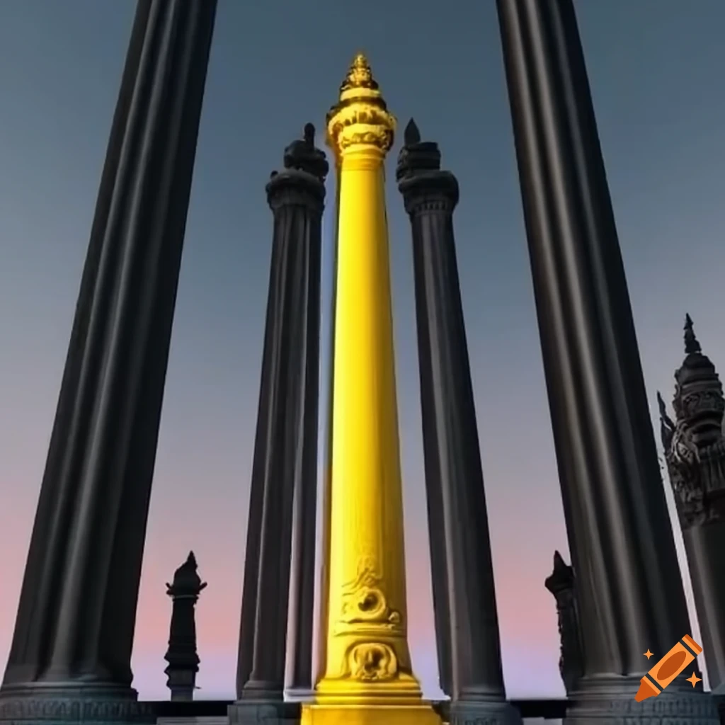 Abstract art of golden pillar surrounded by black pillars