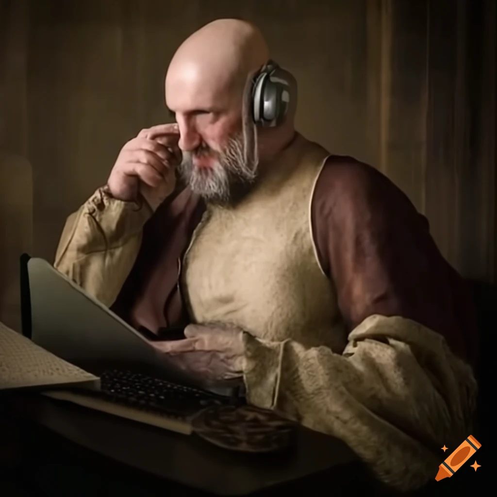 Conceptual art of a bearded man with a computer monitor sphere on Craiyon