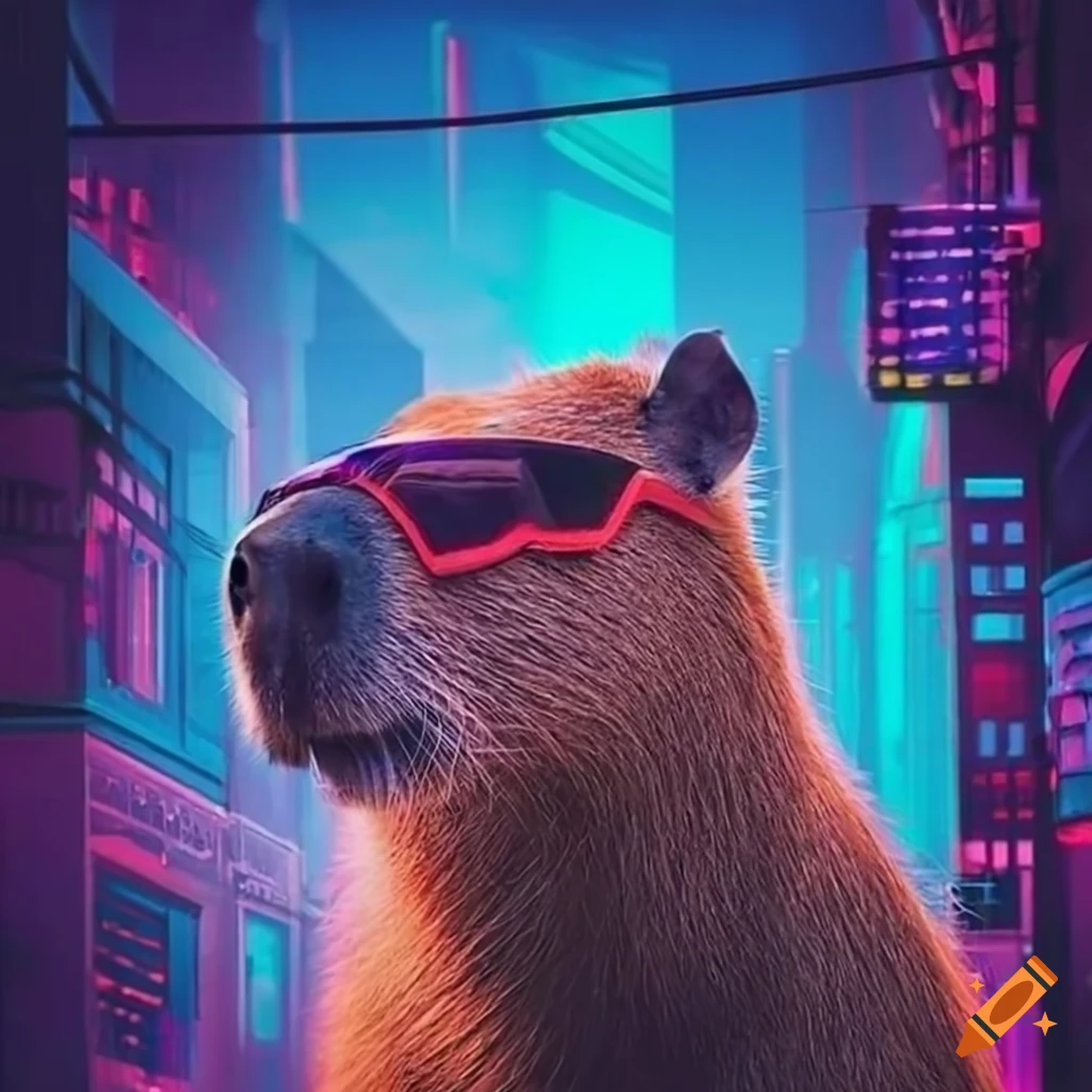 Capybara wearing sunglasses in a neon city on Craiyon