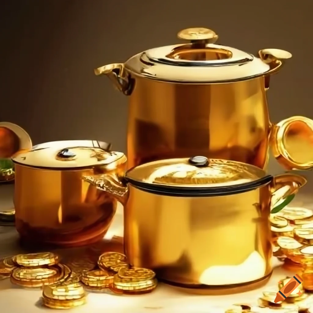 Luxurious golden kitchen with cooking pots and vegetables on Craiyon