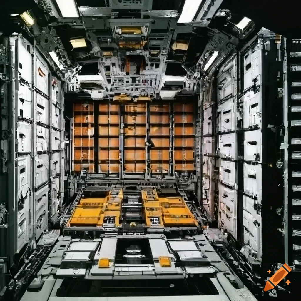 Colorful and disorganized cargo hold inside a futuristic spaceship on ...