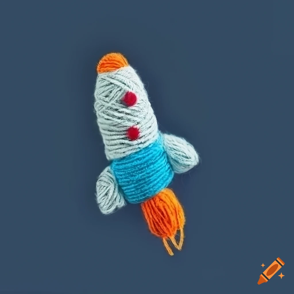 Artistic yarn space rocket on dark blue background