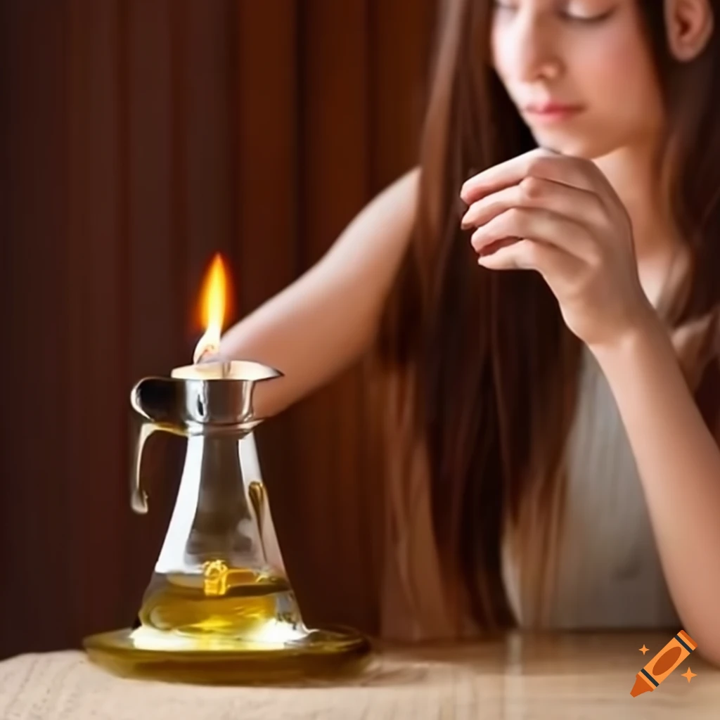 Girl filling an oil lamp from a carafe on Craiyon
