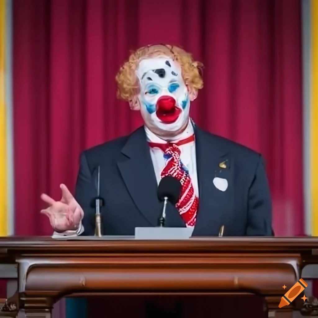Satirical illustration of a clown president giving a speech on Craiyon