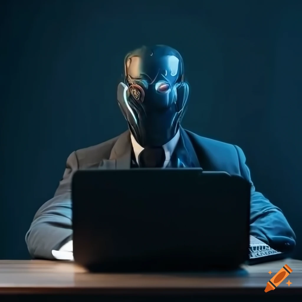 Portrait of a man wearing a futuristic mask working on a laptop on Craiyon