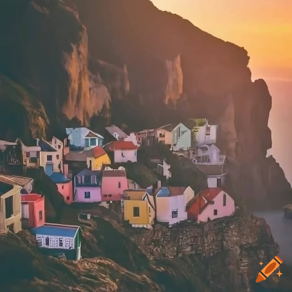 Sunset village on a cliff by the ocean on Craiyon