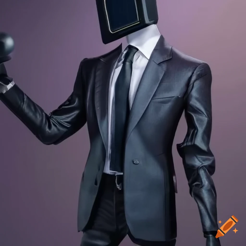 Man in a black suit and tie with a box on his head on Craiyon