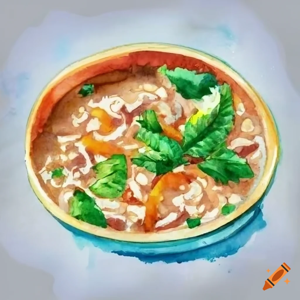 Watercolor illustration of tempting white chicken chili on Craiyon