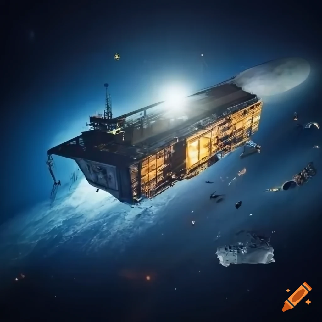 Space drydock building a mining ship in orbit on Craiyon