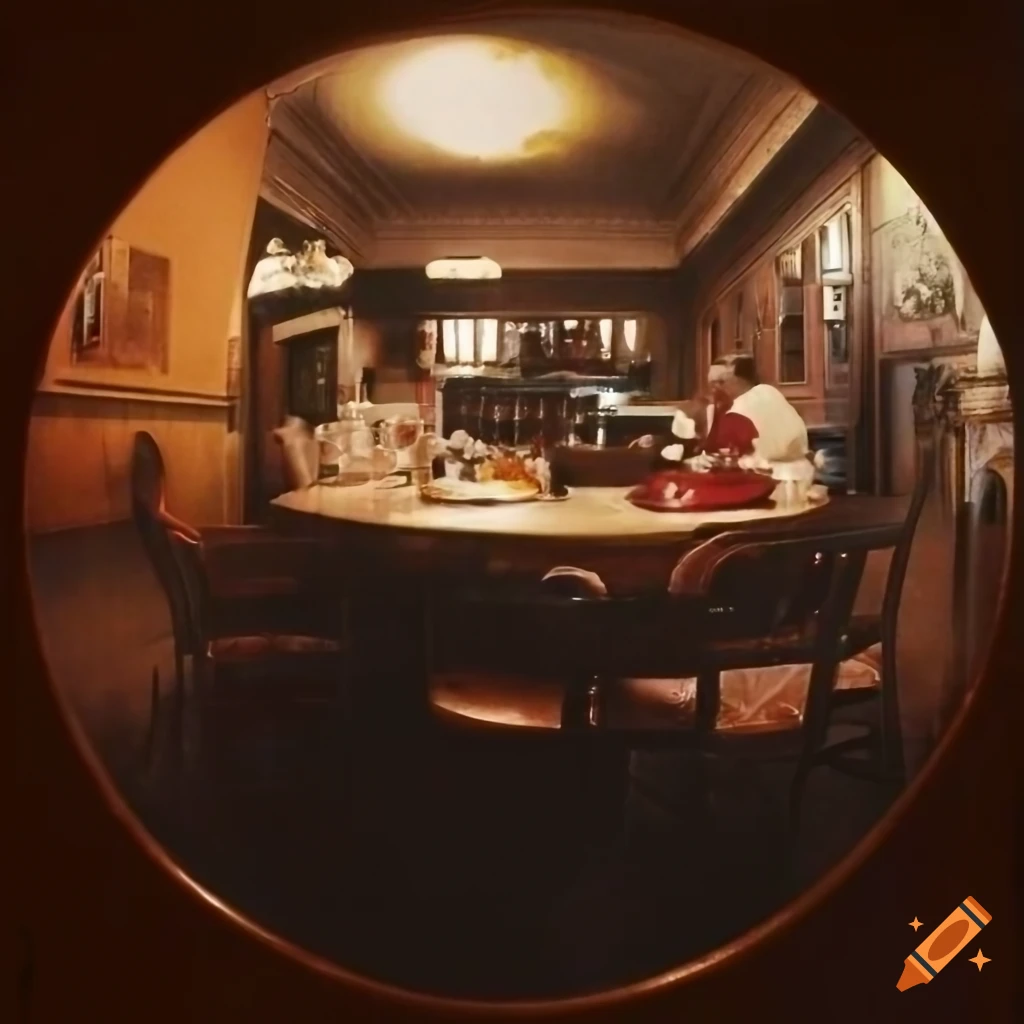 Atmospheric fisheye photo of a 1940s restaurant with a waitress on Craiyon