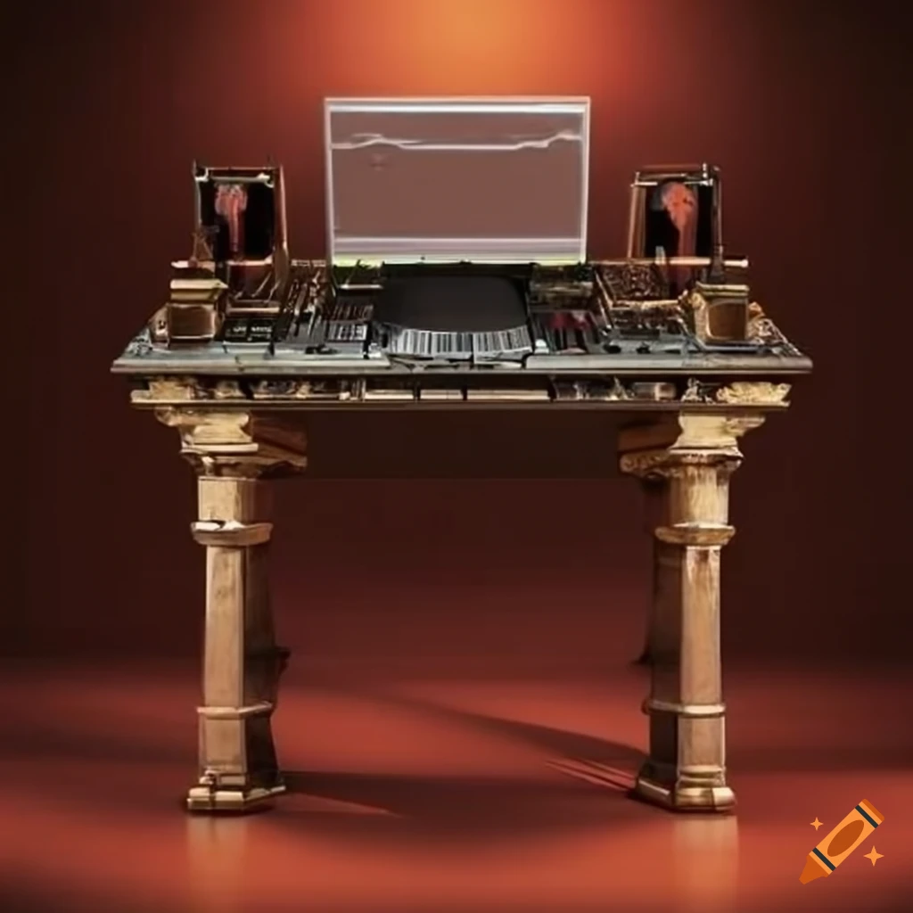 Roman architecture dj table with cdj and screen on Craiyon