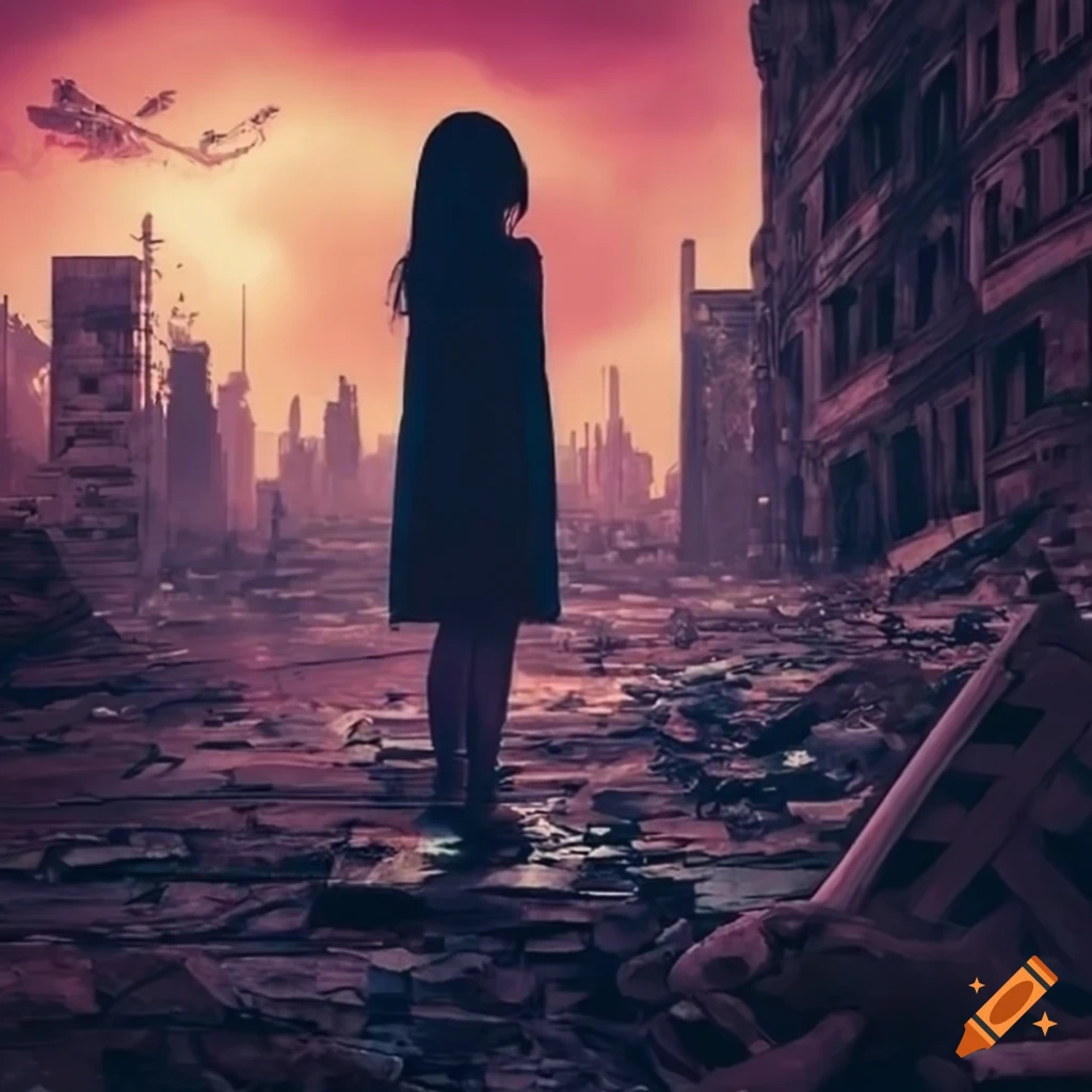 Girl standing in a ruined city on Craiyon