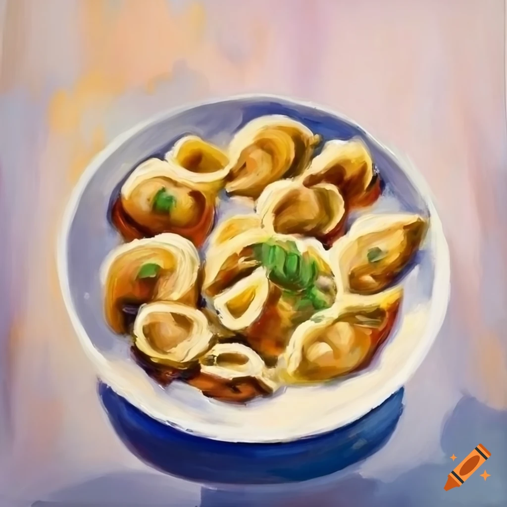 Pelmeni in a white dish painted with oil on Craiyon