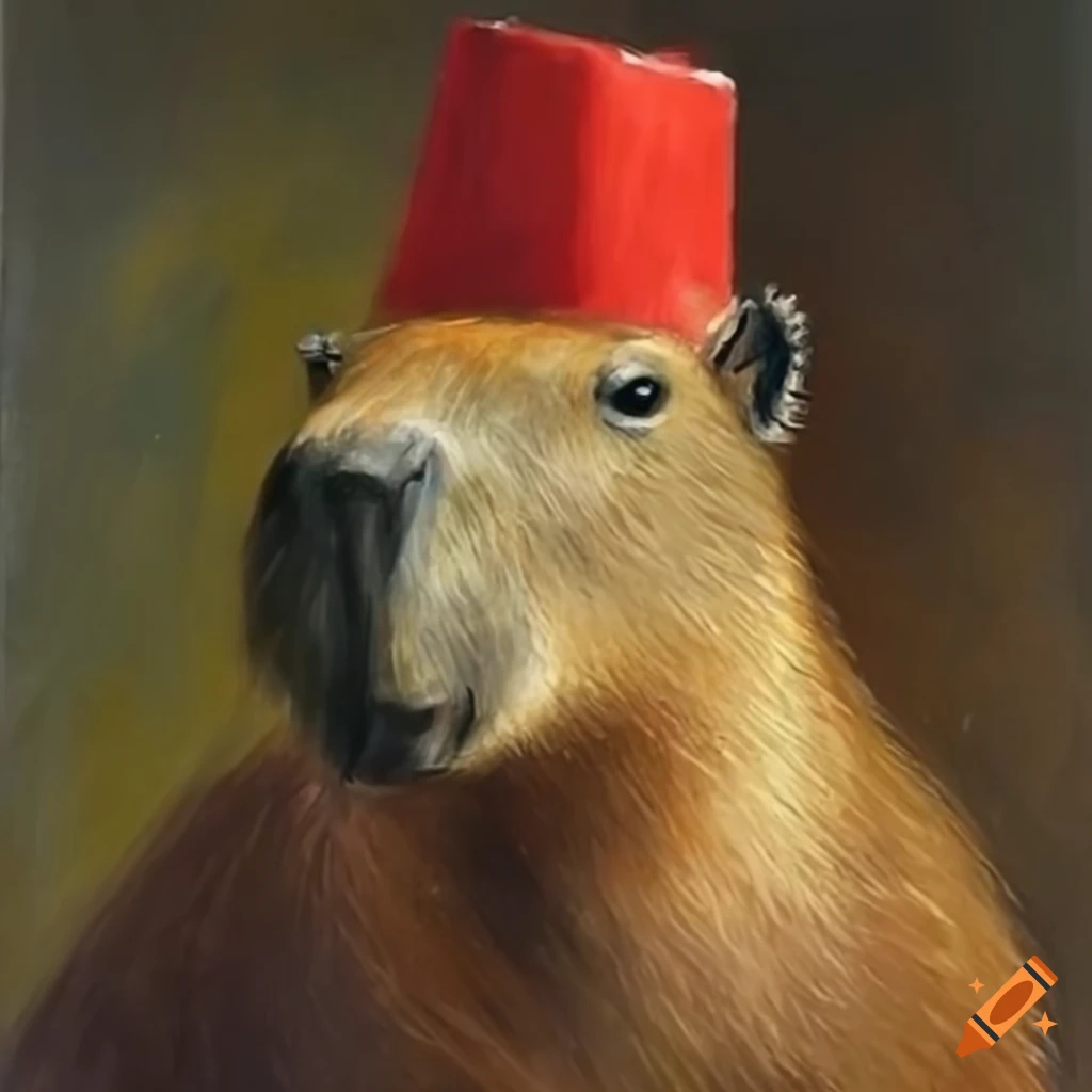 Oil painting of a capybara wearing a red fez on Craiyon