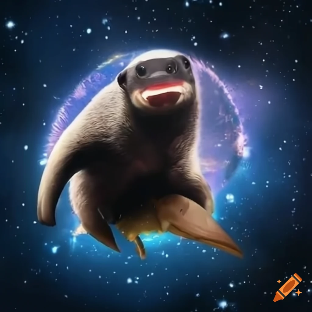 Humorous illustration of a honey badger shark hybrid in space on Craiyon