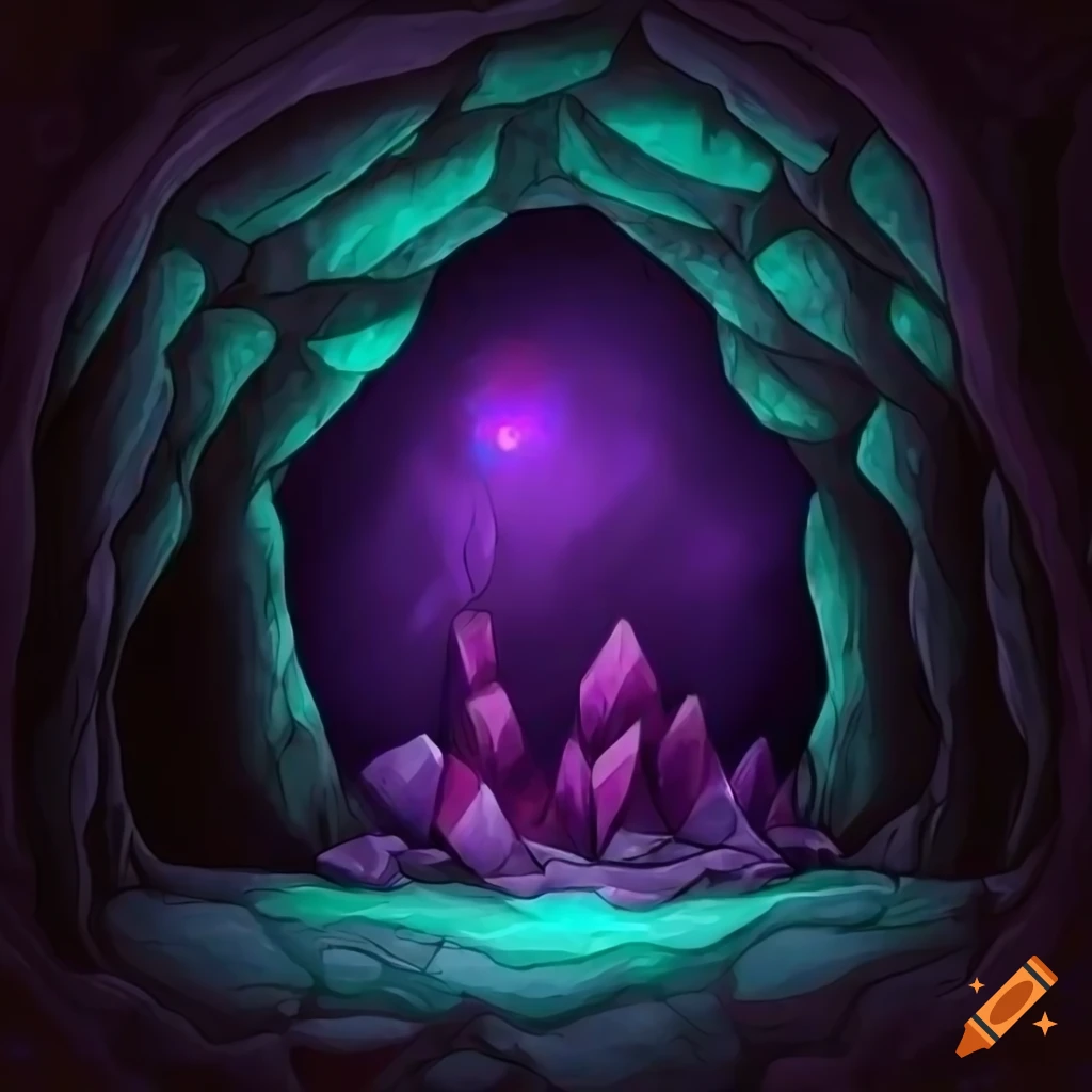 Cartoonish drawing of a colorful cave with flying winds
