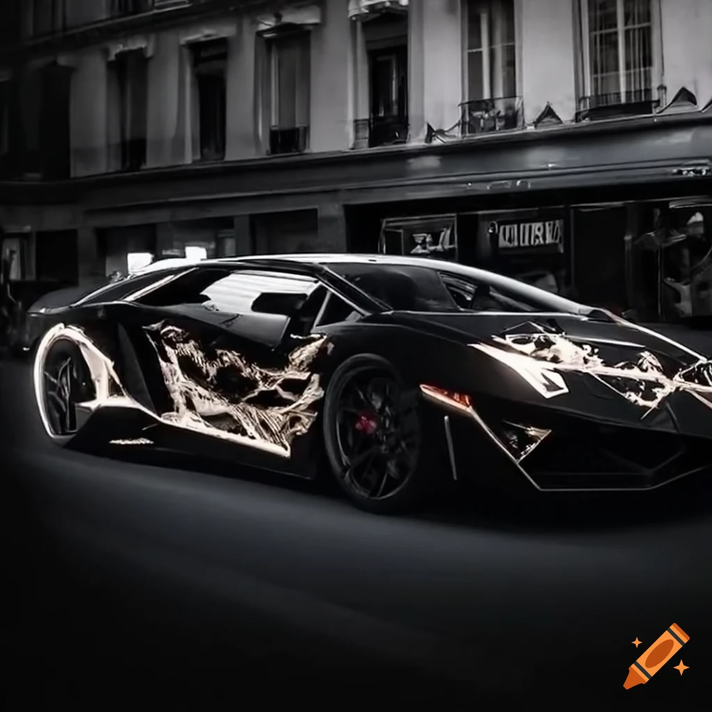 Horror style image of a burning ghost lamborghini in paris on Craiyon