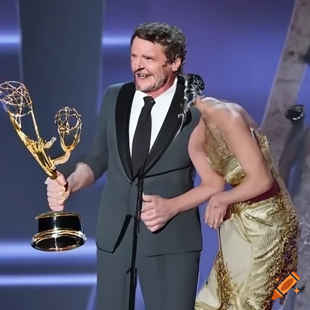 Pedro Pascal receiving the Emmy Award on stage on Craiyon