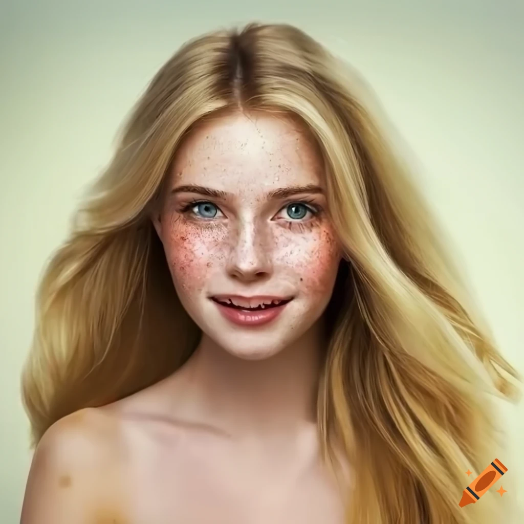 Beautiful Young Woman Shoulder Length Blonde Hair Very Light Freckles On Craiyon