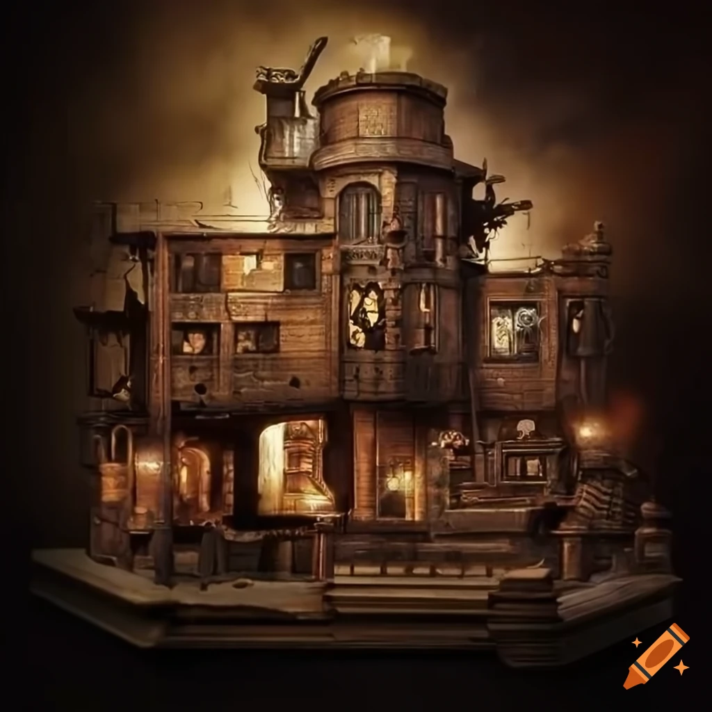 An old steampunk building with futuristic lights on Craiyon