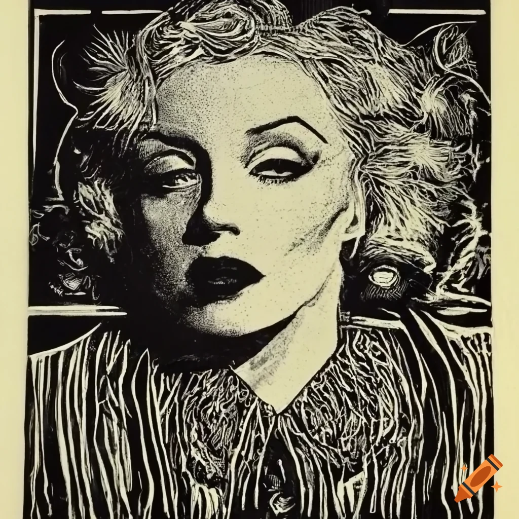 Intricate linocut portrait of marylin monroe