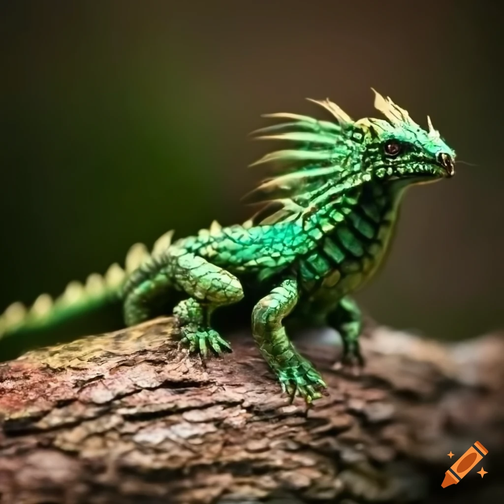 Green and bronze wingless dragon in a forest