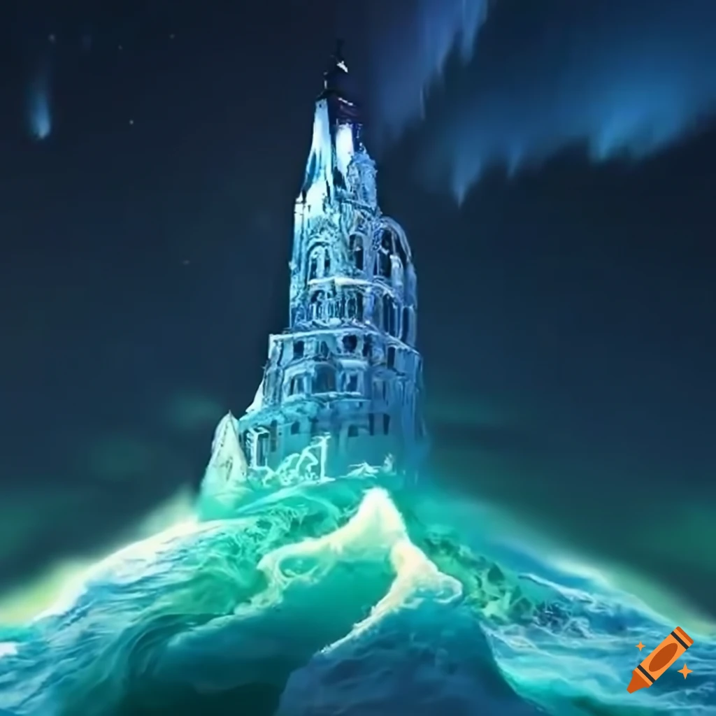 Anime tower under a sky full of aurora borealis