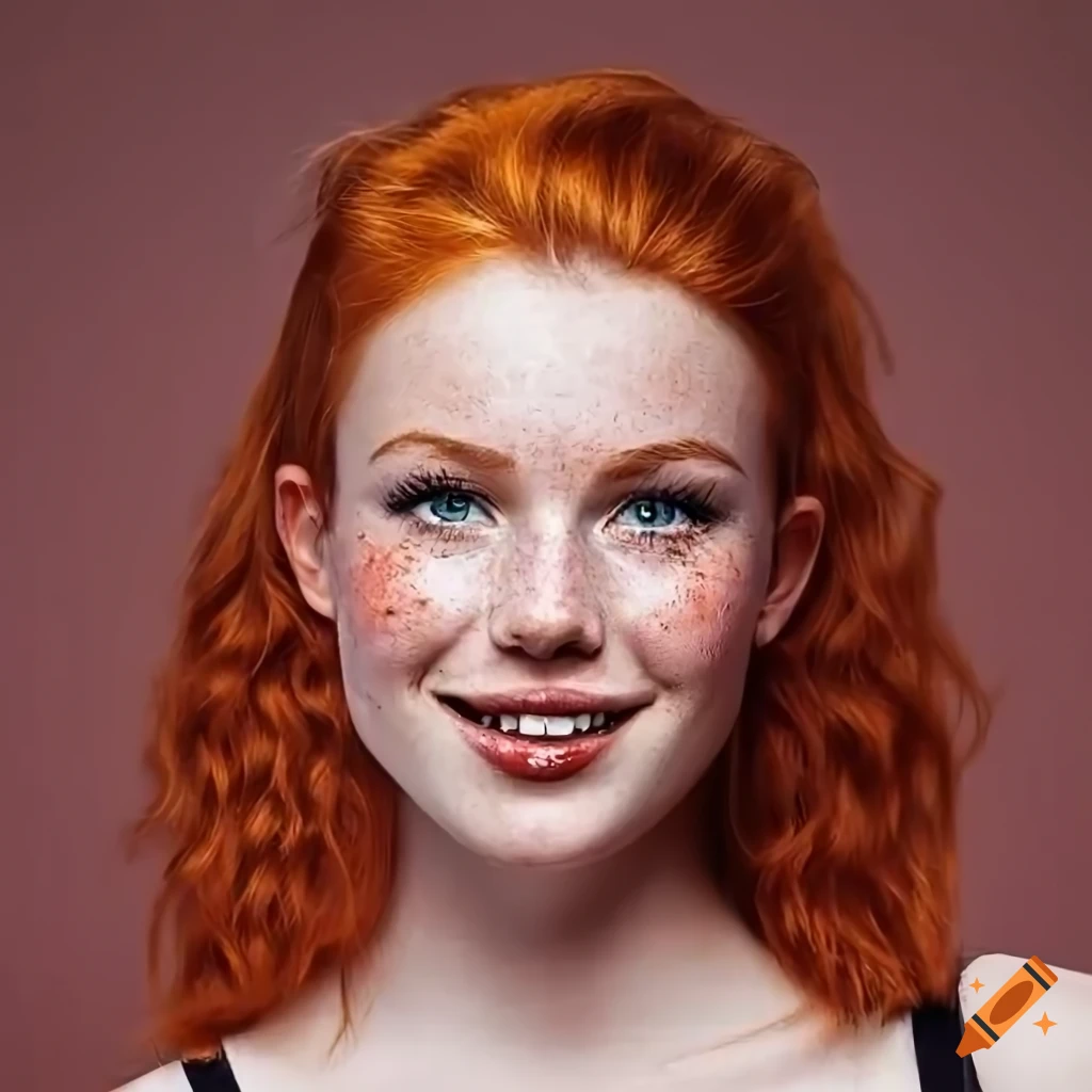 Portrait of a young woman with red hair and freckles on Craiyon