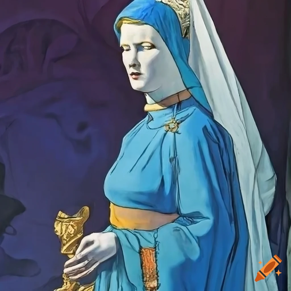 Blue-robed female priest standing before a statue on Craiyon