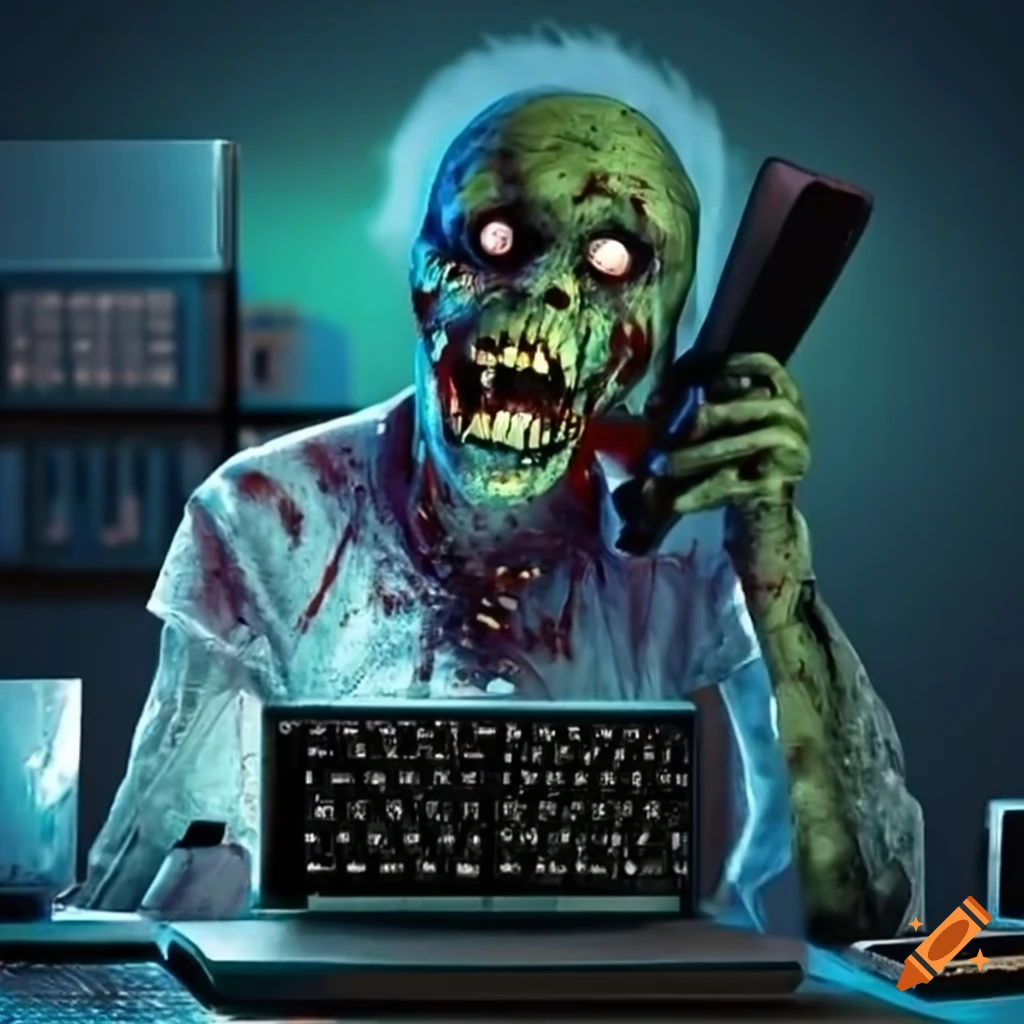 Zombie fixing a computer on Craiyon
