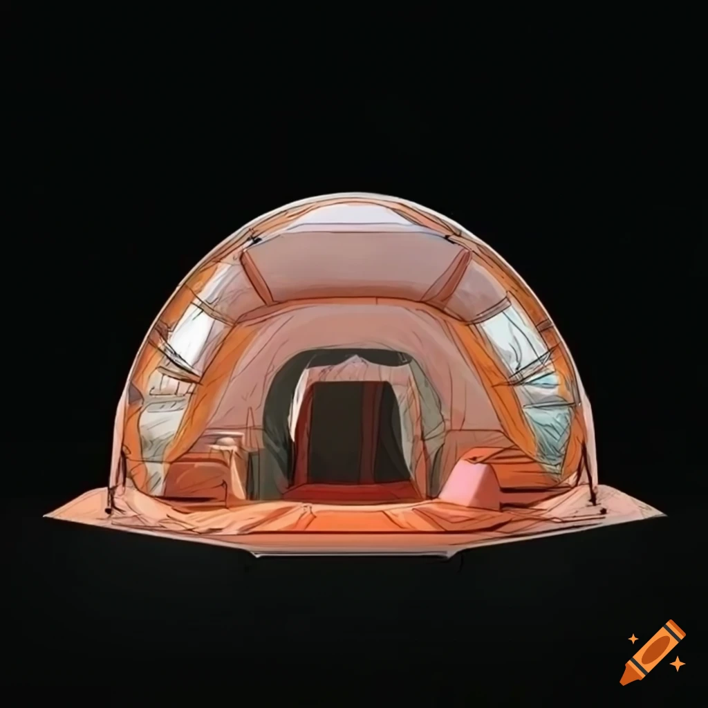 Technical drawing of a Japanese retro futuristic modular pop-up camper tent on Craiyon