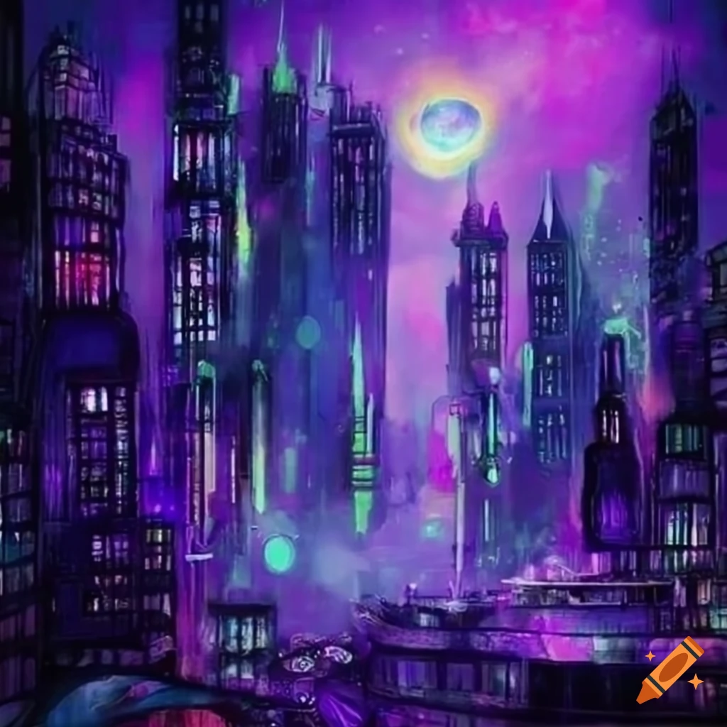 Steampunk space city with purple atmosphere