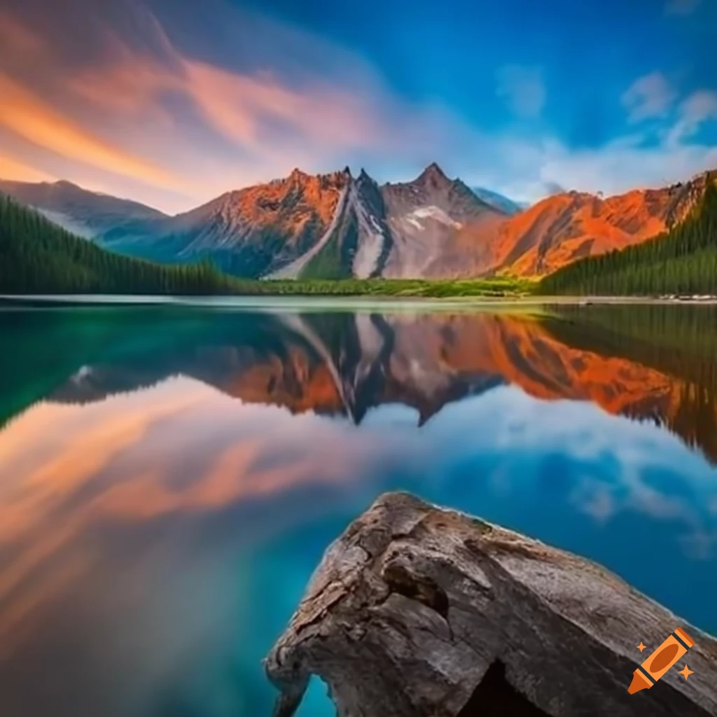 Breathtaking mountain lake at sunset with sun rays reflecting on the ...