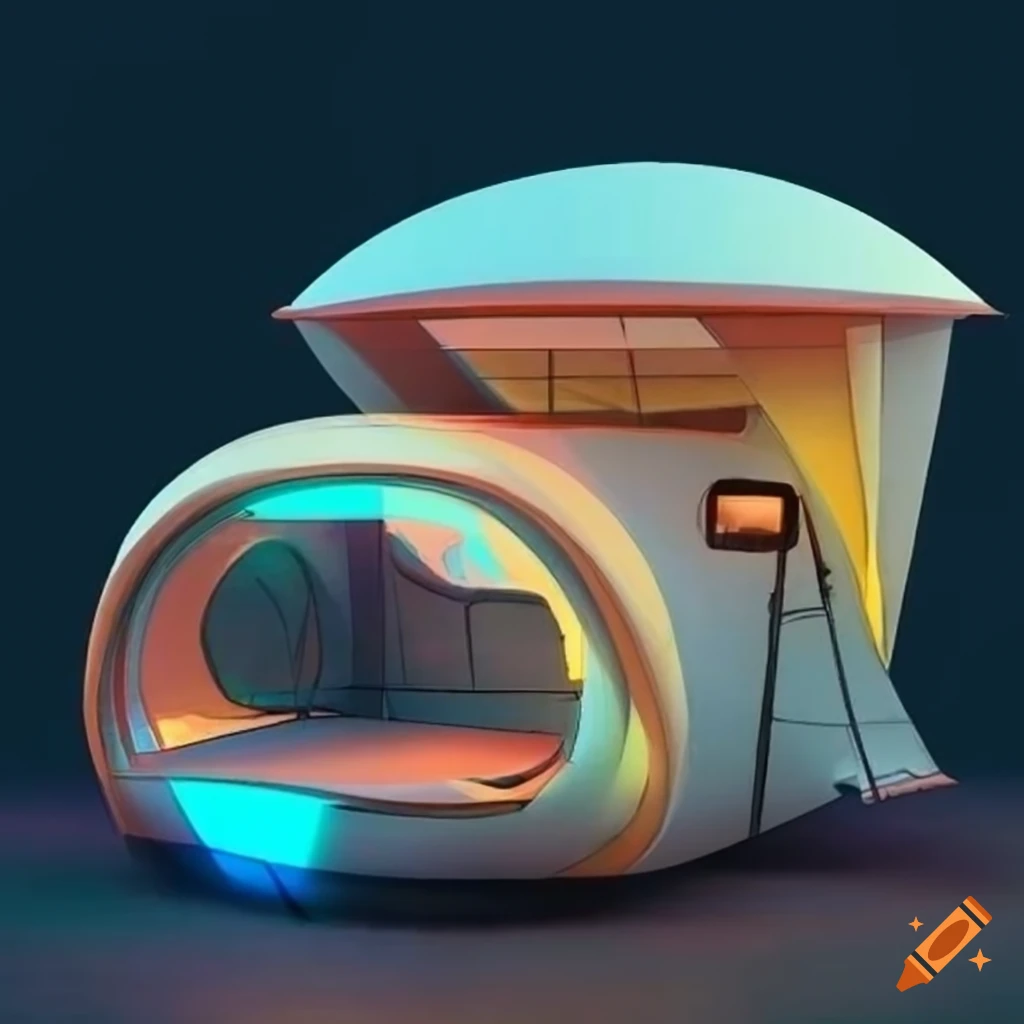 Technical drawing of a Japanese retro futuristic pop-up camper tent on Craiyon