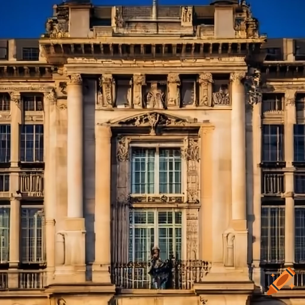 External view of a large eighteenth-century building with decorated ...
