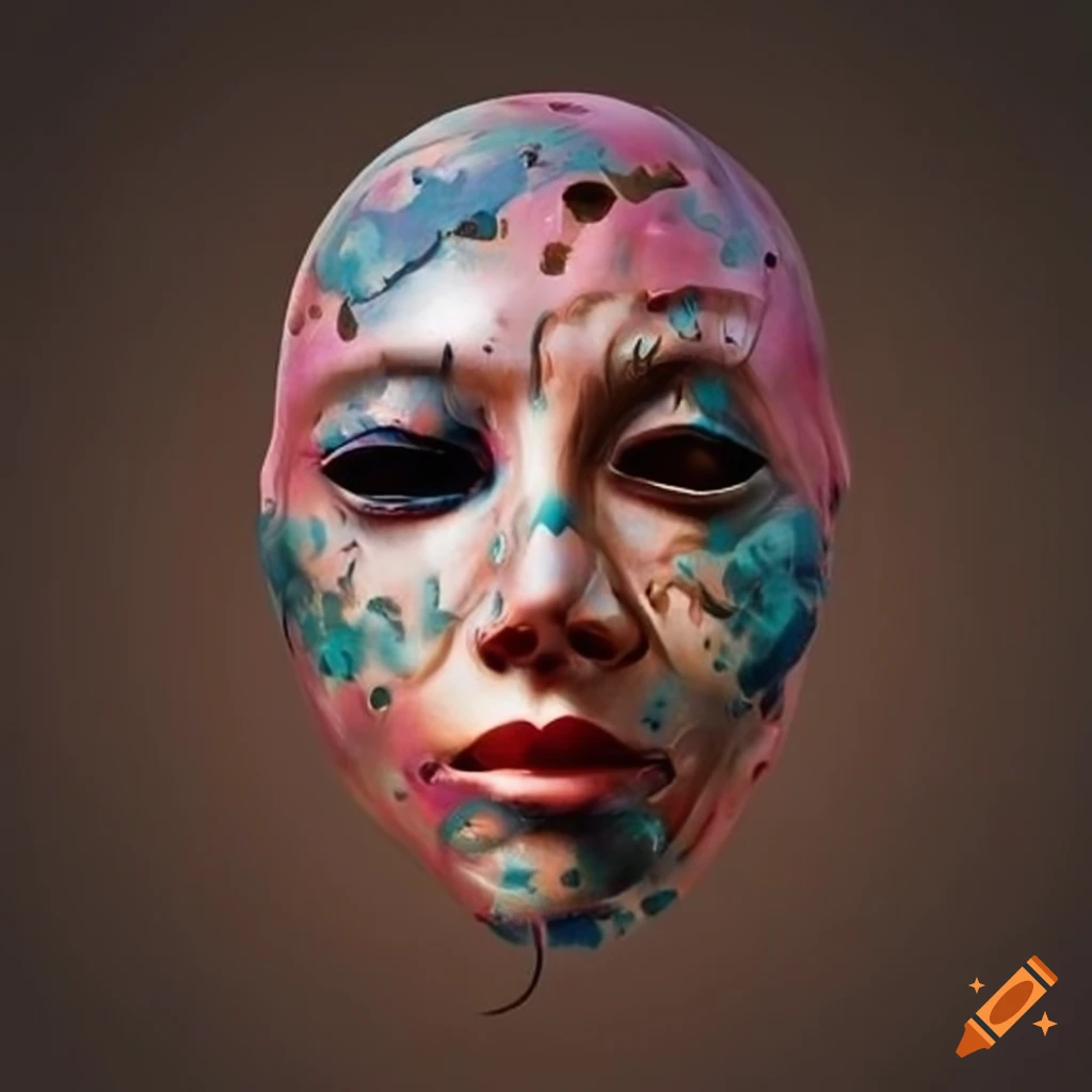 Sculpture of a female bust wearing a theatre mask and shawl on Craiyon