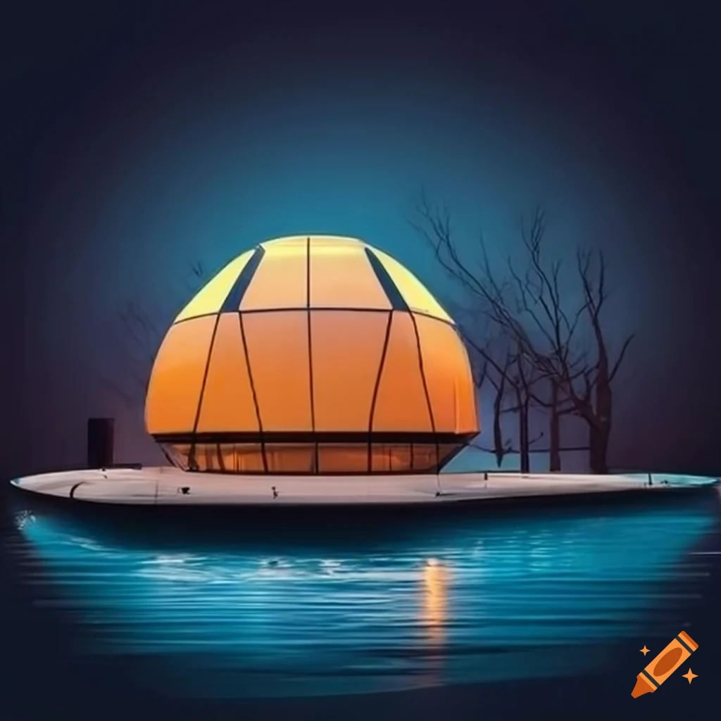 Futuristic camping pod near a river