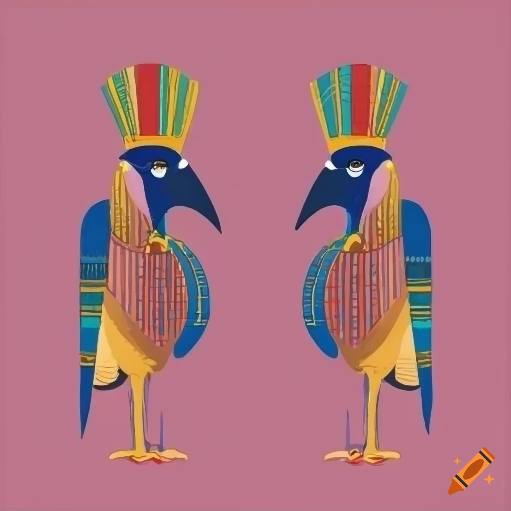 Vector illustration of egyptian bird-headed figures on pink background