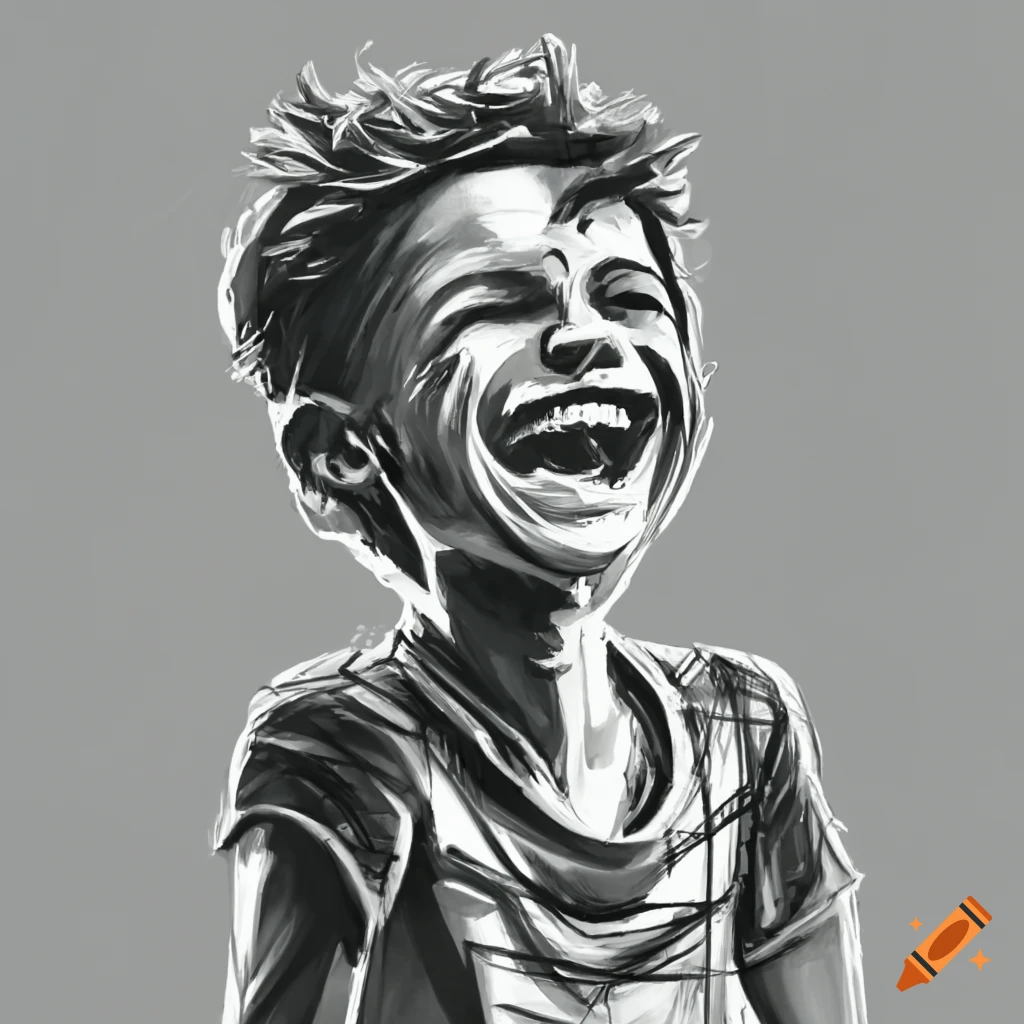 Detailed black and white sketch of a laughing child on Craiyon