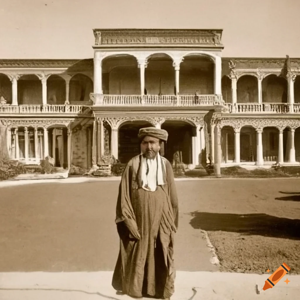 Sepia portrait of a wealthy person in front of a mansion