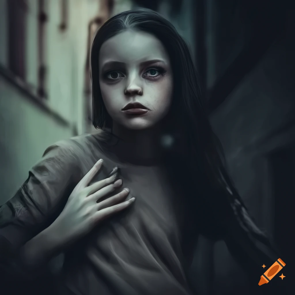 Portrait of a pale girl in a dark dystopian street on Craiyon