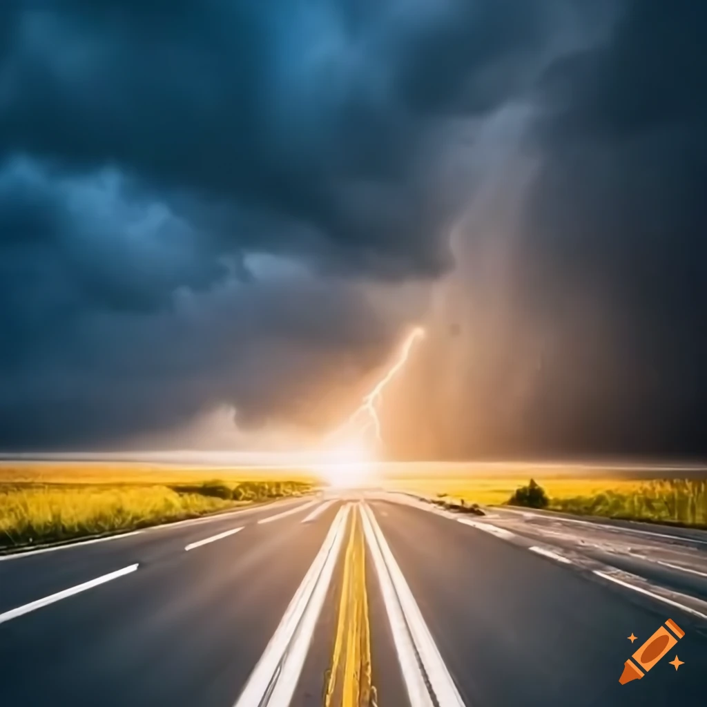 Stormy road with sunlight breaking through clouds on Craiyon