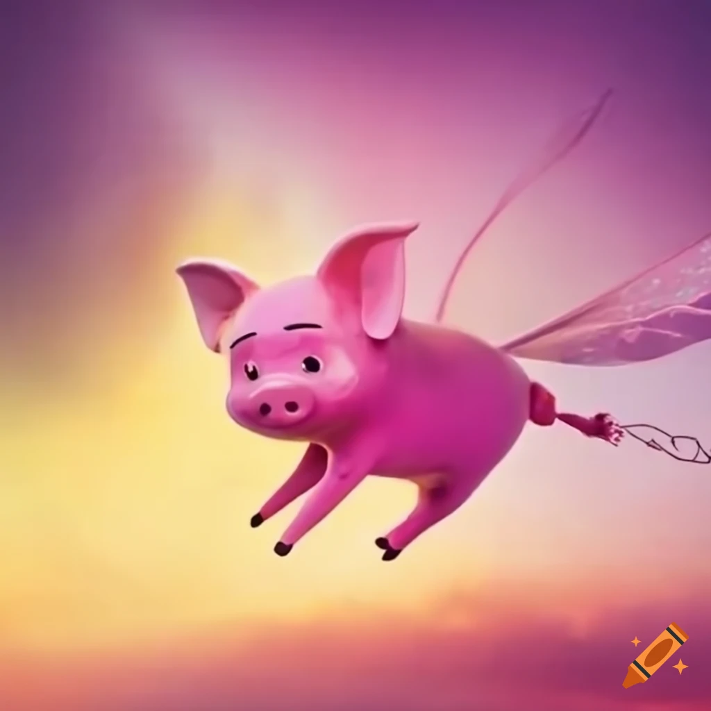 A whimsical scene of flying pigs with wings in a sunny sky on Craiyon