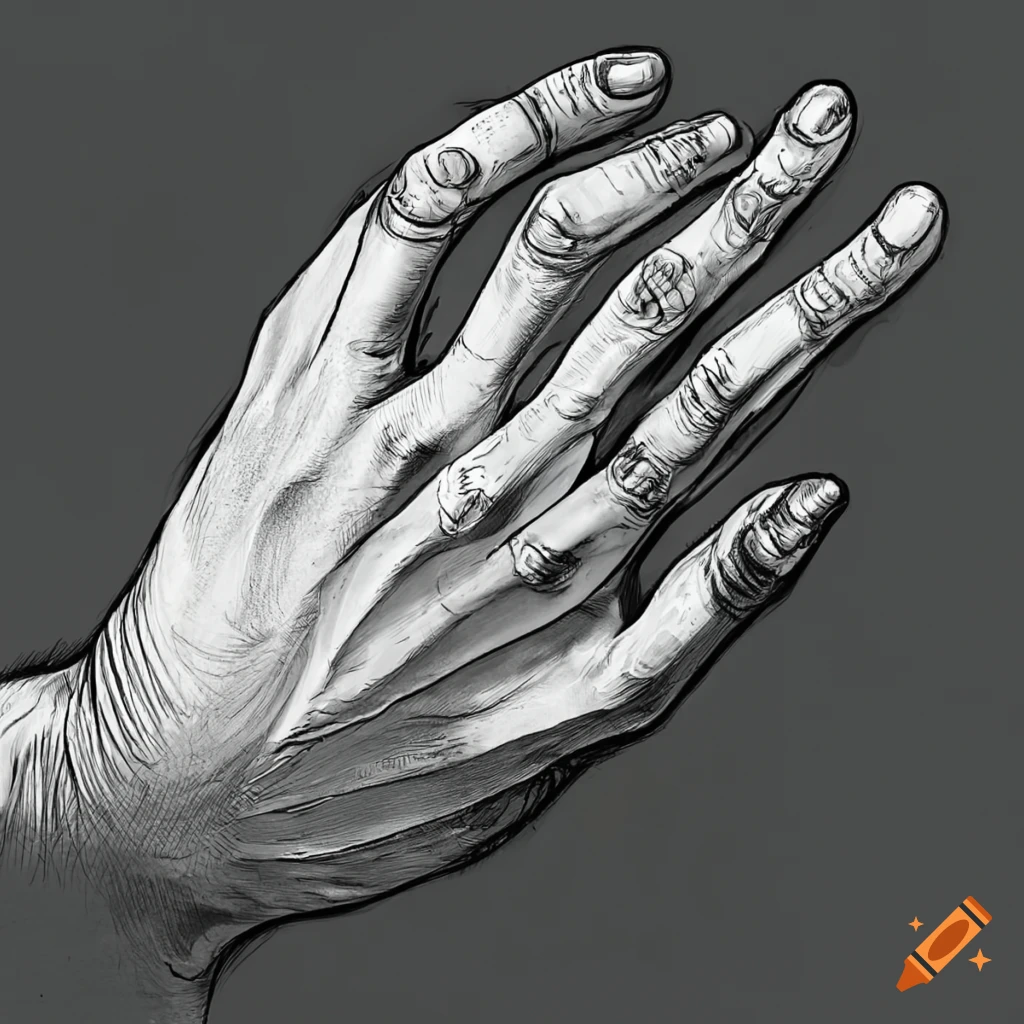 Detailed black and white sketch of a tickling hand on Craiyon