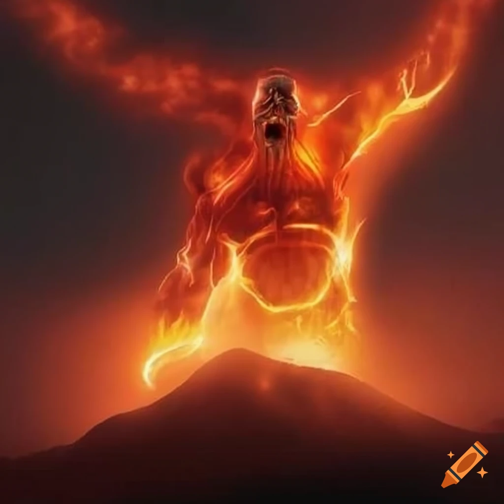 Digital art of a scary fire titan emerging from fog on Craiyon