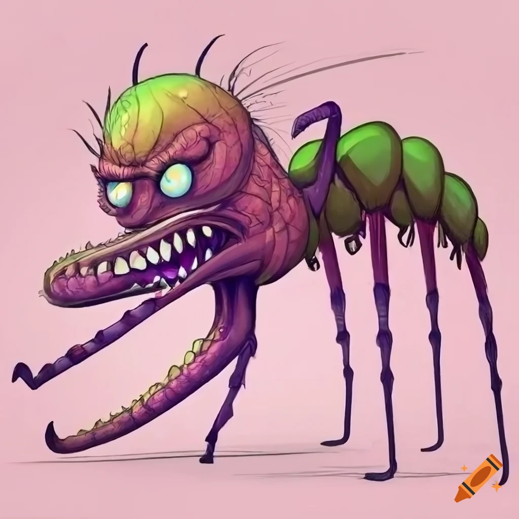 Cartoon illustration of an angry mosquito monster on Craiyon
