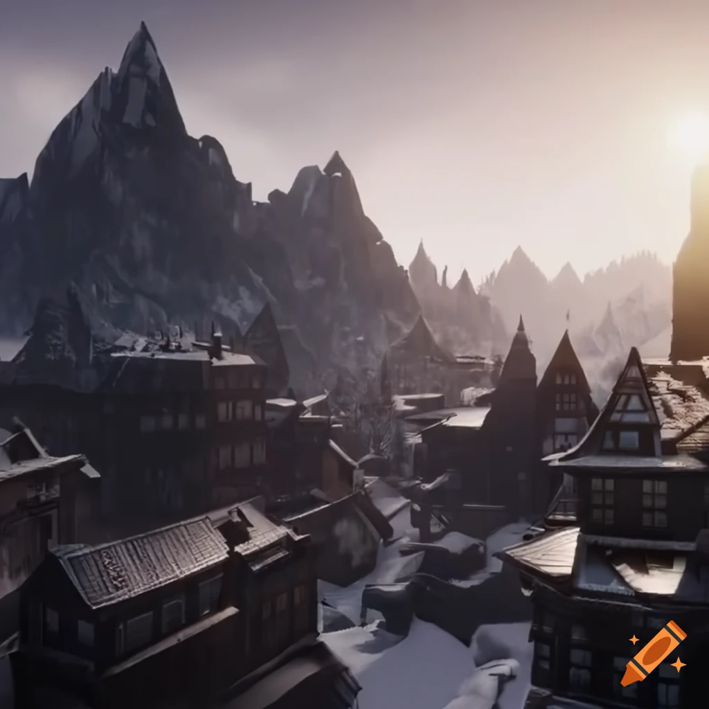 Unreal engine 5 snowy mountains with sci-fi german village